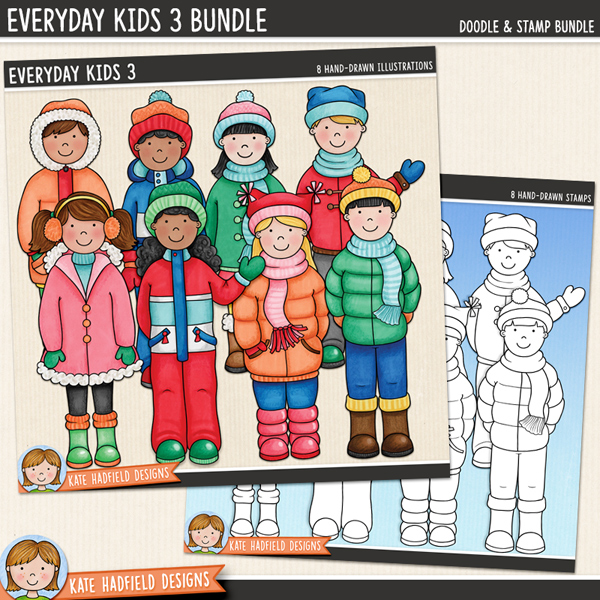 Everyday Kids 3 clip art and line art bundle