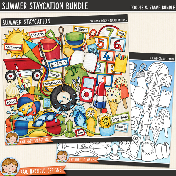 Summer Staycation clip art and line art bundle