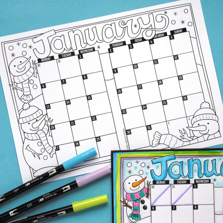 January Bullet Journal calendar printable - Kate Hadfield Designs