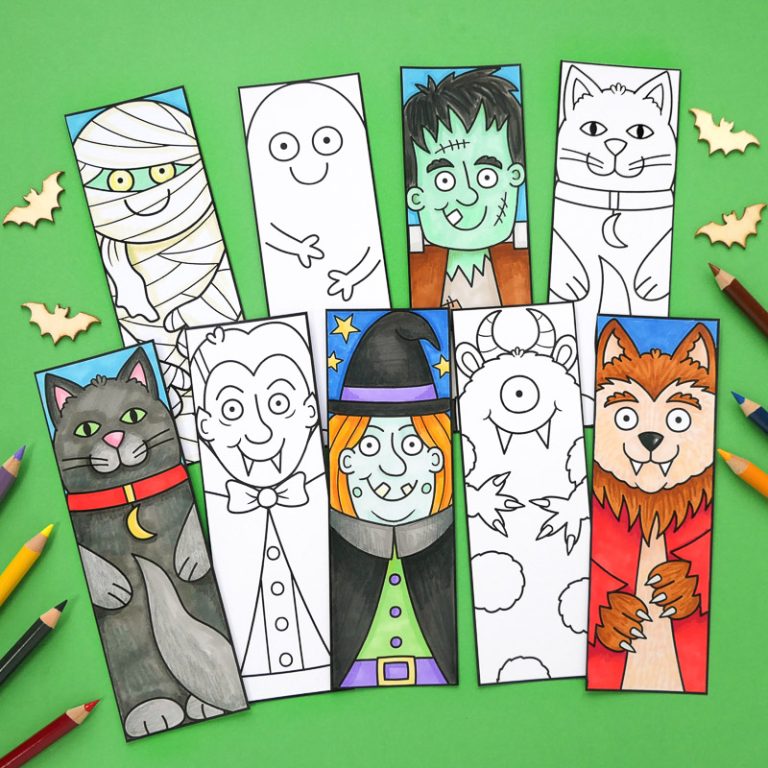 Colour In Halloween Bookmarks printable craft - Kate Hadfield Designs